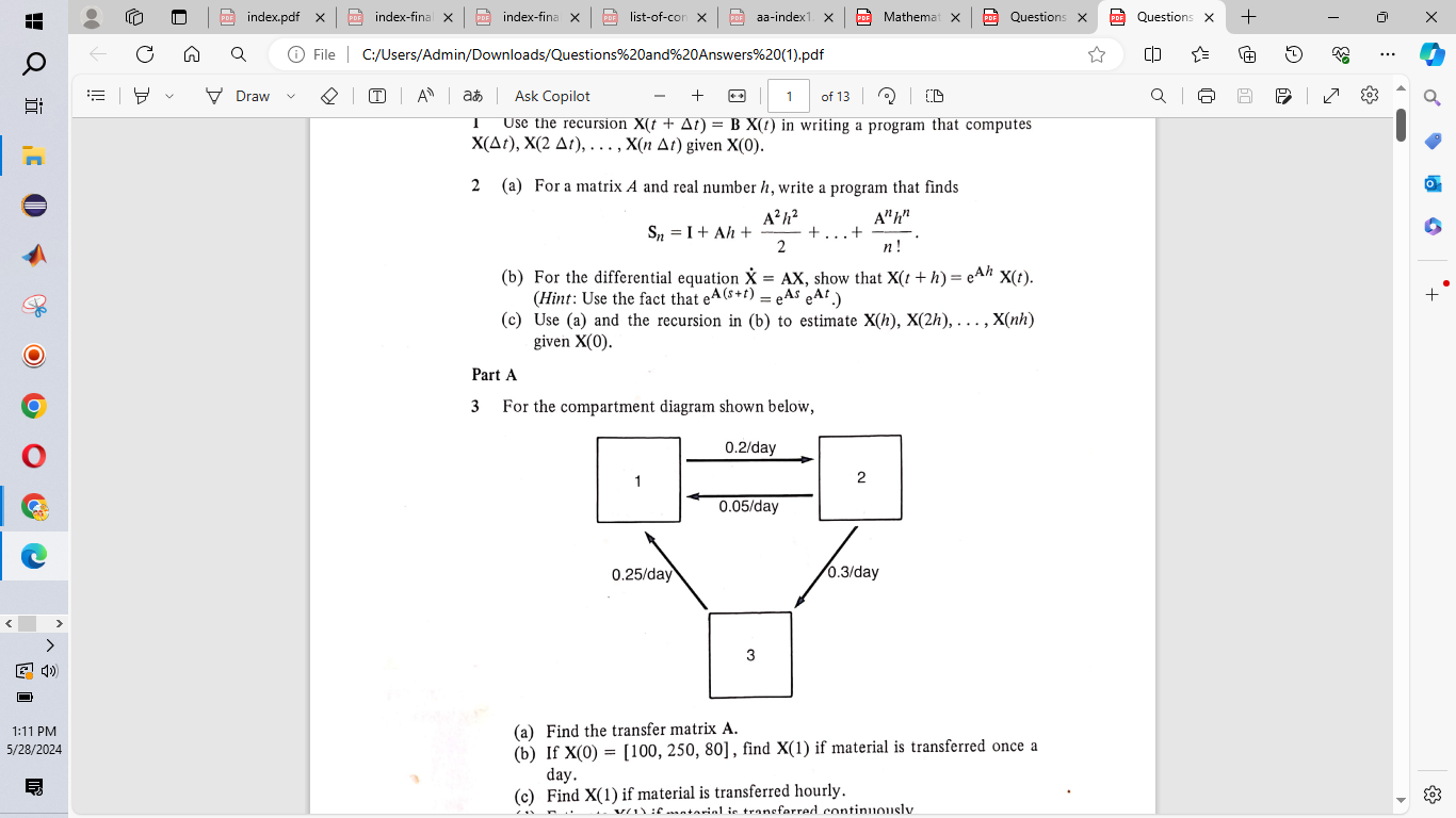 Solved 1 ﻿Use the recursion x(t+Δt)=Bx(t) ﻿in writing a | Chegg.com