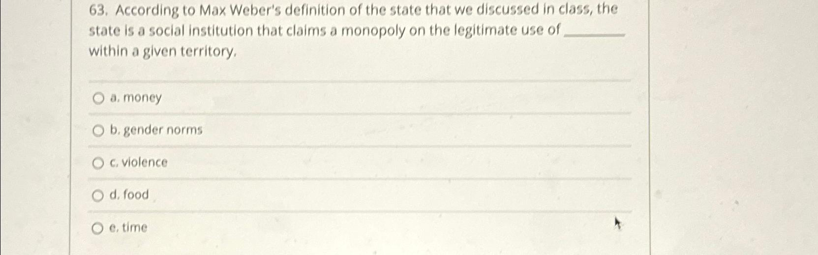 Solved According to Max Weber's definition of the state that | Chegg.com
