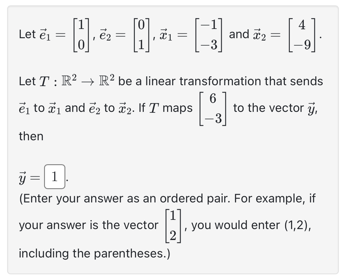 Solved Let vec(e)1=[10],vec(e)2=[01],vec(x)1=[-1-3] ﻿and | Chegg.com