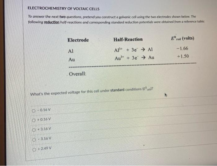 Solved ELECTROCHEMISTRY OF VOLTAIC CELLS To answer the next | Chegg.com