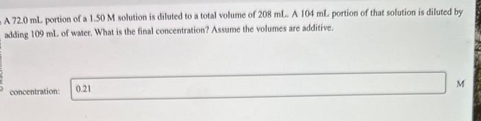 Solved A 72.0 mL portion of a 1.50M solution is diluted to a | Chegg.com