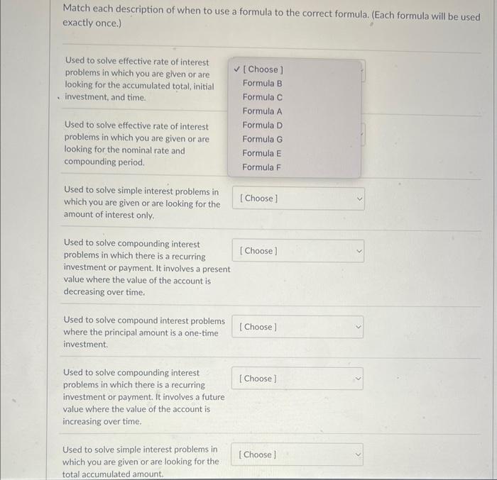 Solved Match each description of when to use a formula to | Chegg.com