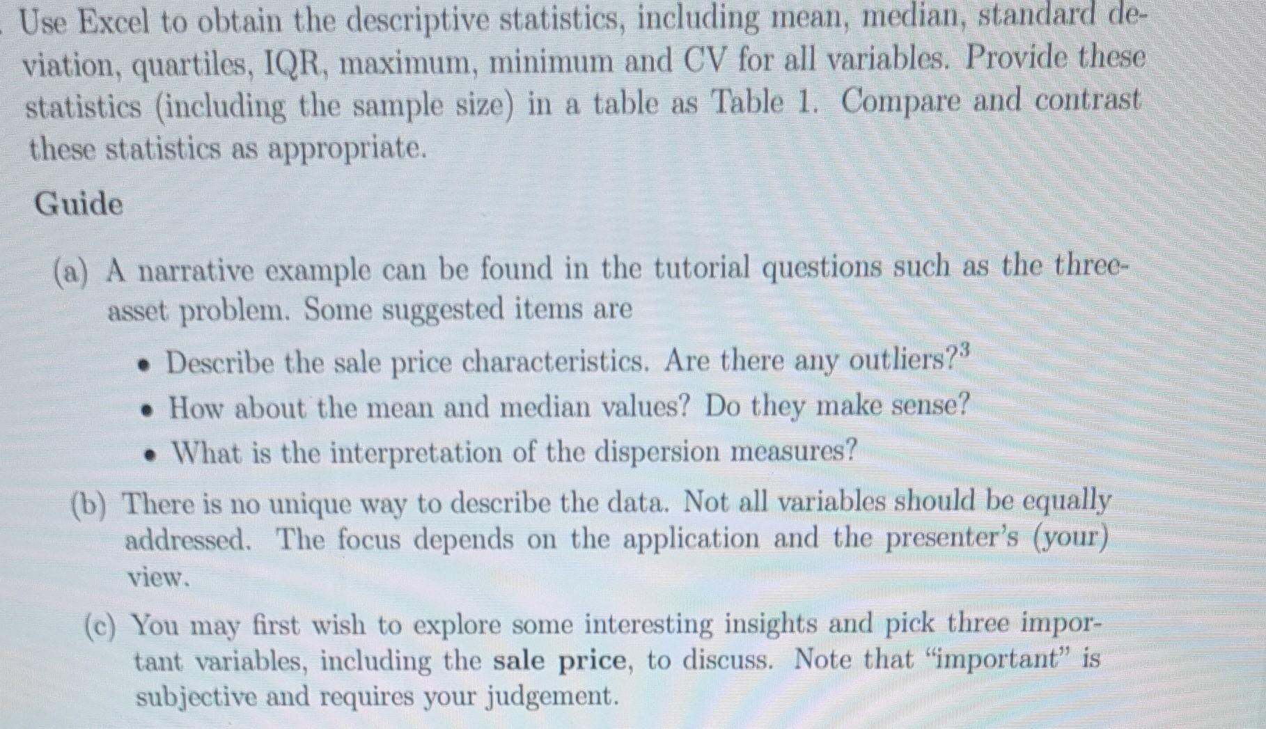 Use Excel to obtain the descriptive statistics, | Chegg.com