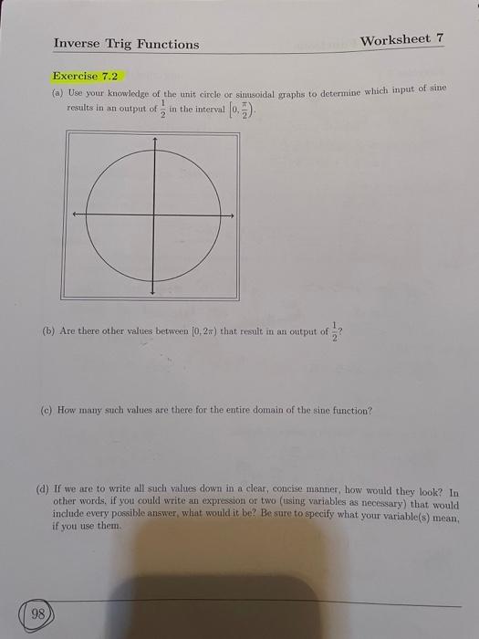 Solved Inverse Trig Functions Worksheet 7 Exercise 7.2 (a) | Chegg.com