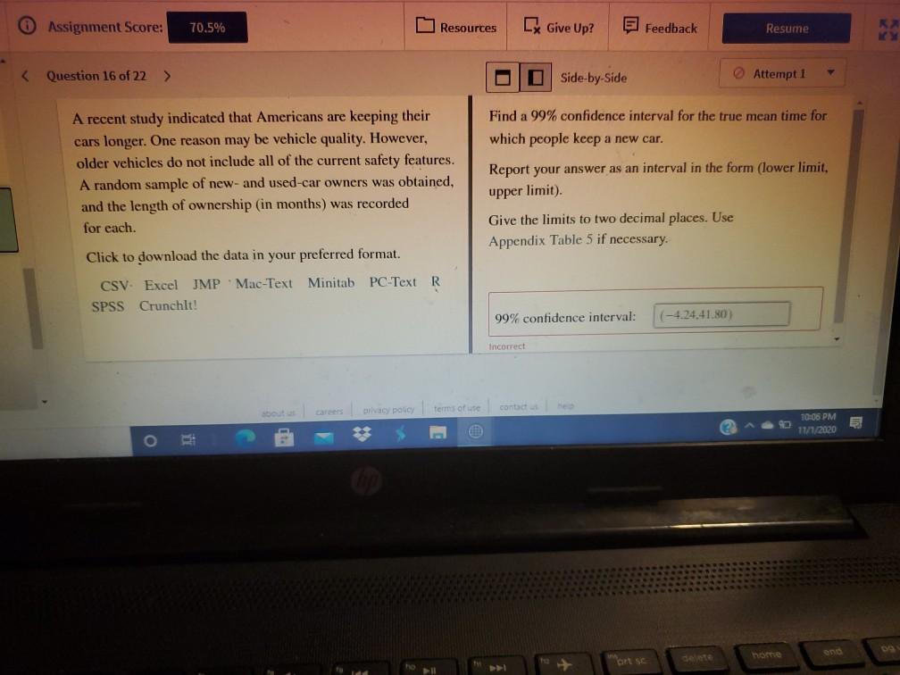 Solved 0 Assignment Score: 70.5% Resources X Give Up? E | Chegg.com