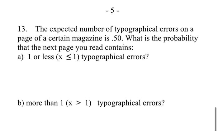 Solved -5- 13. The expected number of typographical errors | Chegg.com