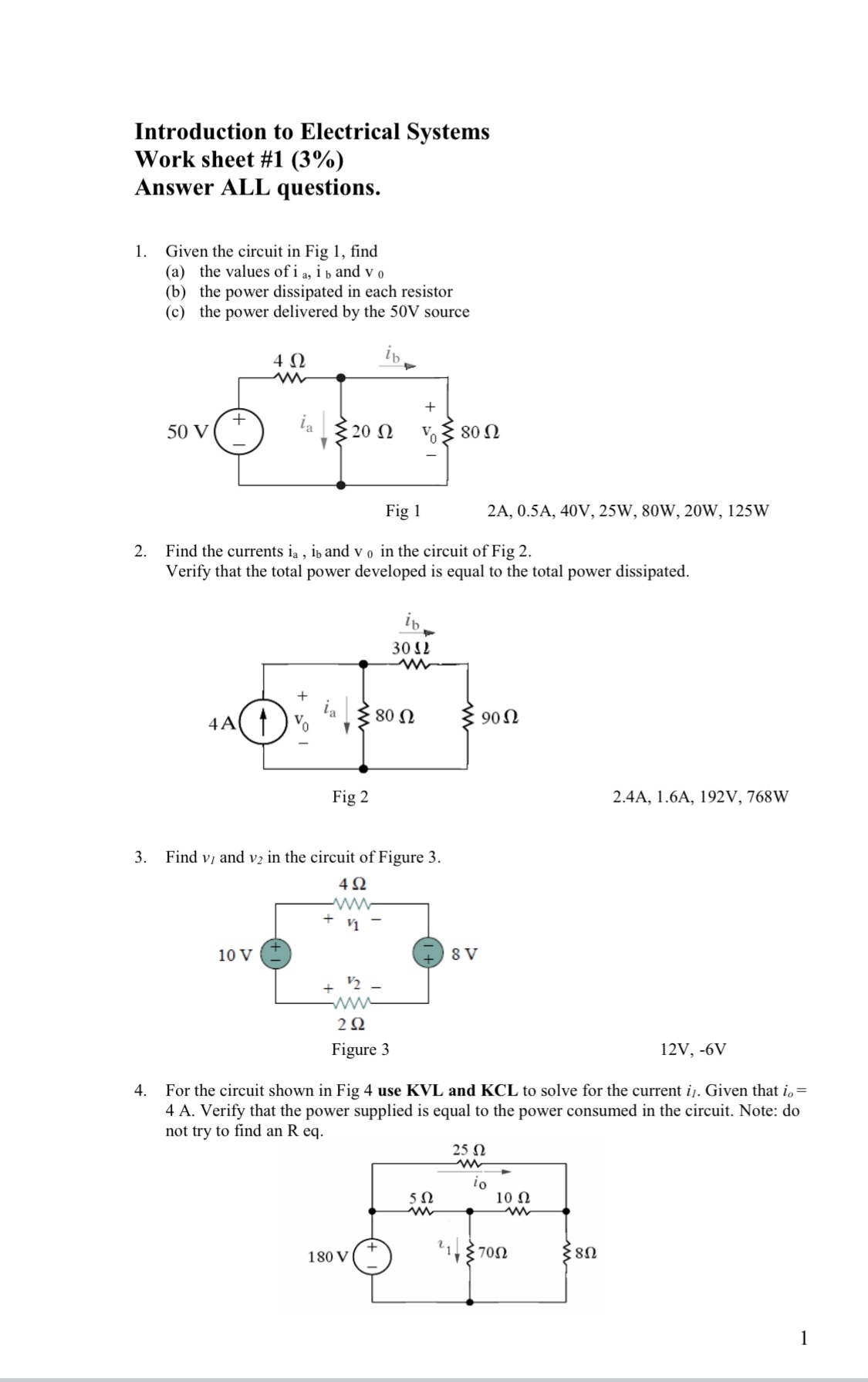 Introduction to Electrical Systems Work sheet | Chegg.com