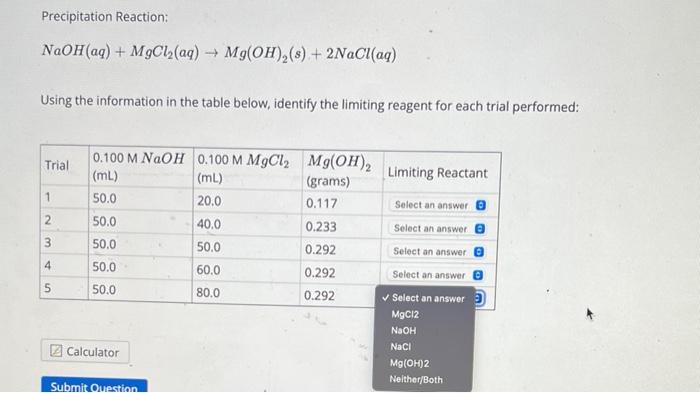 Solved find the limiting reagent for each trial. the options | Chegg.com