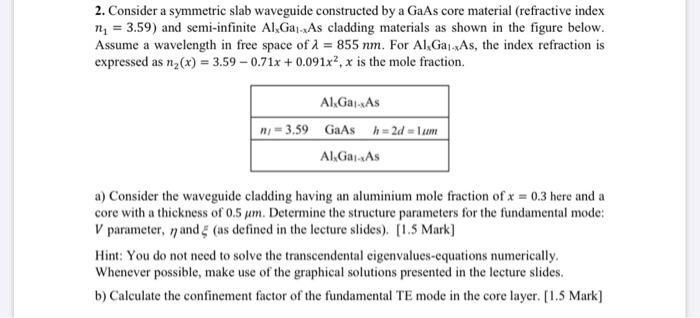 2. Consider a symmetric slab waveguide constructed by | Chegg.com