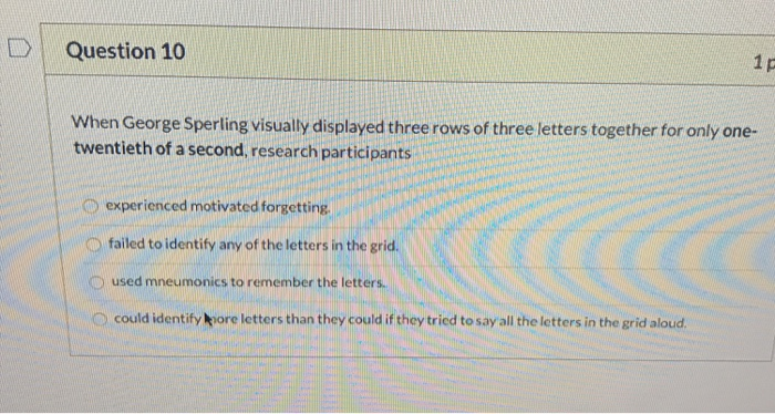 Solved D Question 10 When George Sperling visually displayed | Chegg.com