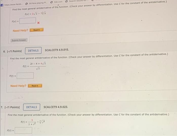 Solved Find the most general antiderivative of the function. | Chegg.com
