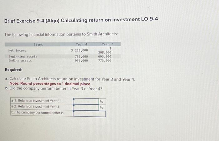 Brief Exercise 9-4 (Algo) Calculating return on | Chegg.com