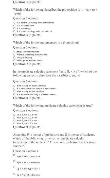 Solved Question 5 (4 points) Which of the following | Chegg.com Solved Question 5 (4 points) Which of the following | Chegg.com
