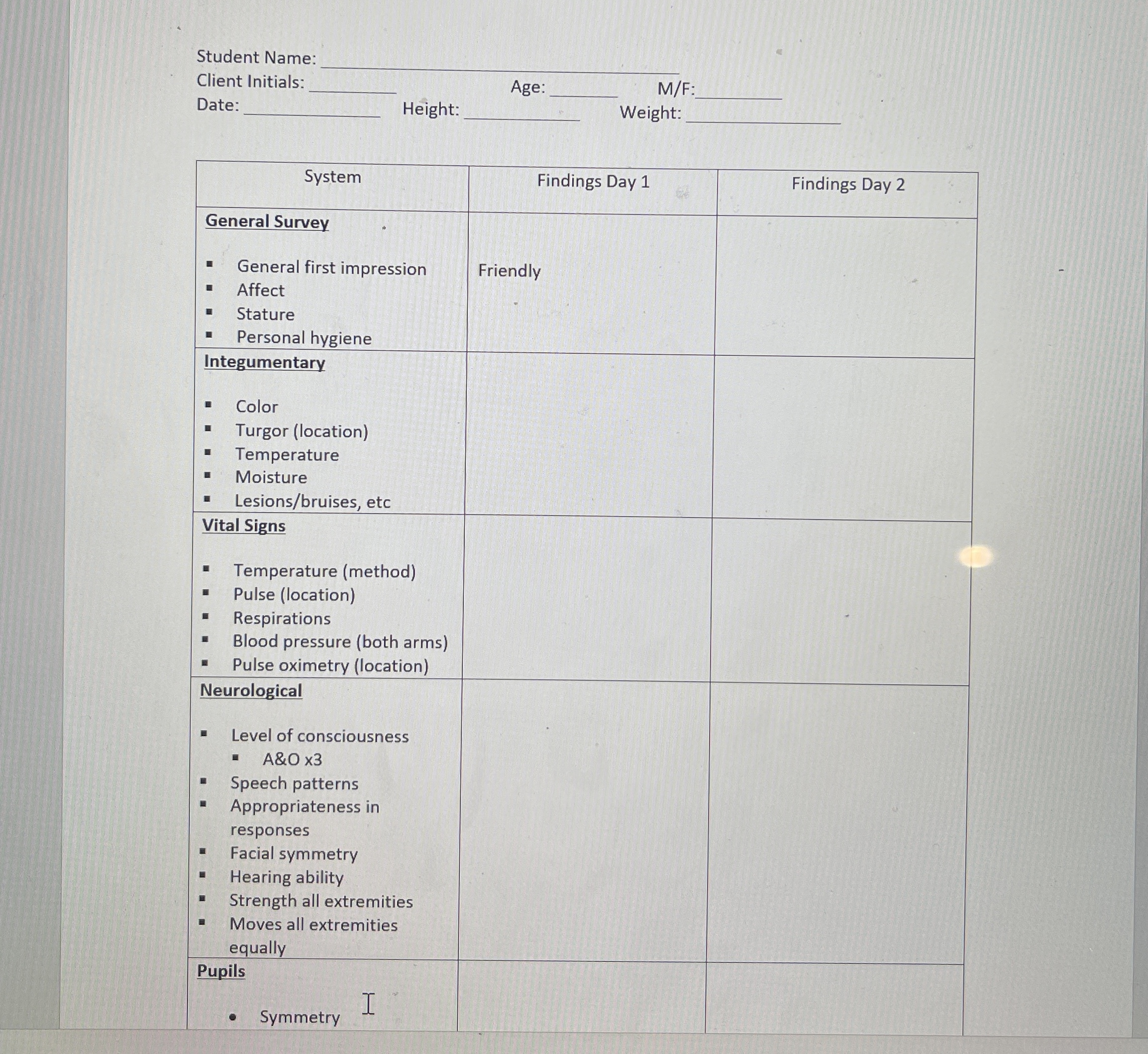 Solved Student Name:Client Initials:q,Date: q, ﻿Height:Age: | Chegg.com