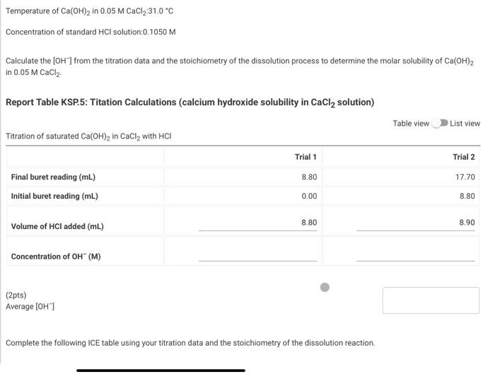 Solved Temperature of Ca(OH)2 in 0.05MCaCl2=31.0∘C | Chegg.com