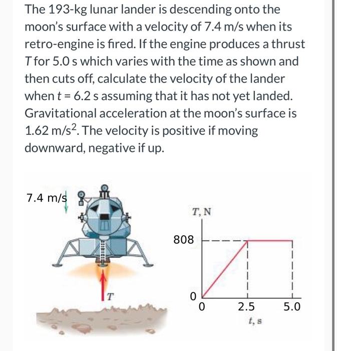 Solved The 193-kg lunar lander is descending onto the moon's | Chegg.com