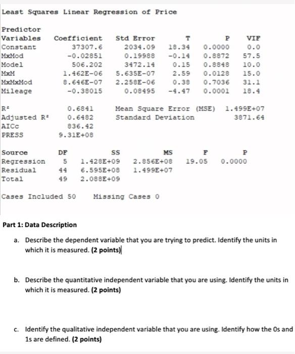 Solved Least Squares Linear Regression of Price Predictor | Chegg.com