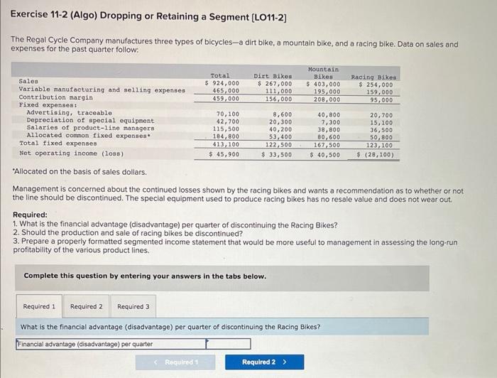Solved Exercise 11-2 (Algo) Dropping or Retaining a Segment | Chegg.com