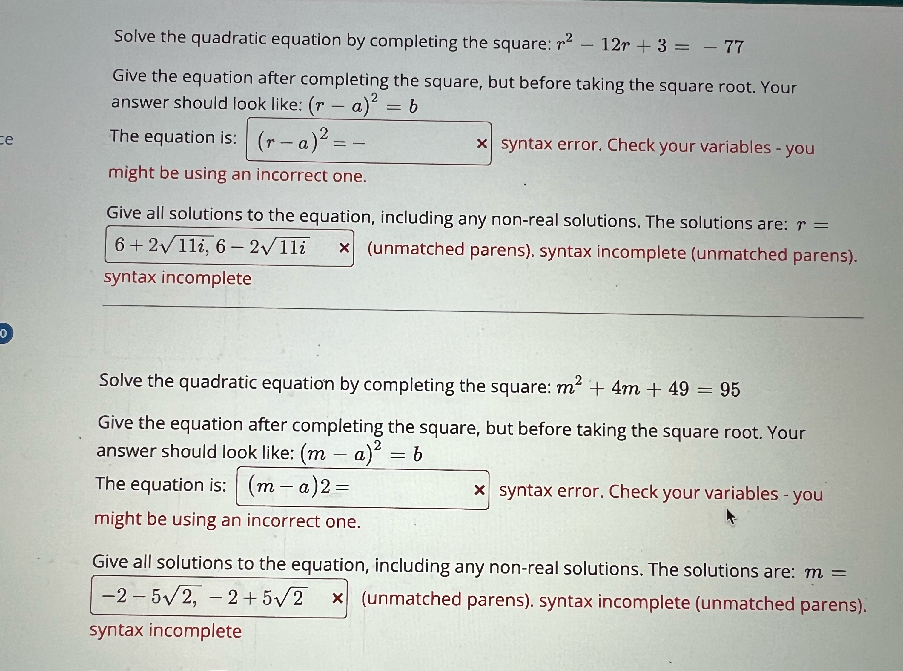 Solved Solve the quadratic equation by completing the | Chegg.com
