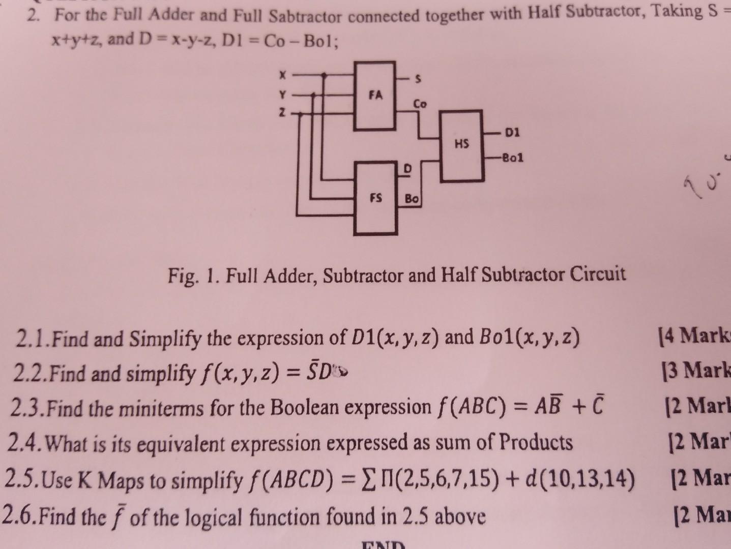 Solved 2. For the Full Adder and Full Sabtractor connected | Chegg.com