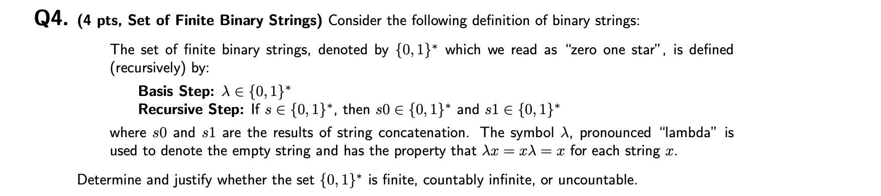 Solved Q4. (4 ﻿pts, ﻿Set of Finite Binary Strings) ﻿Consider | Chegg.com