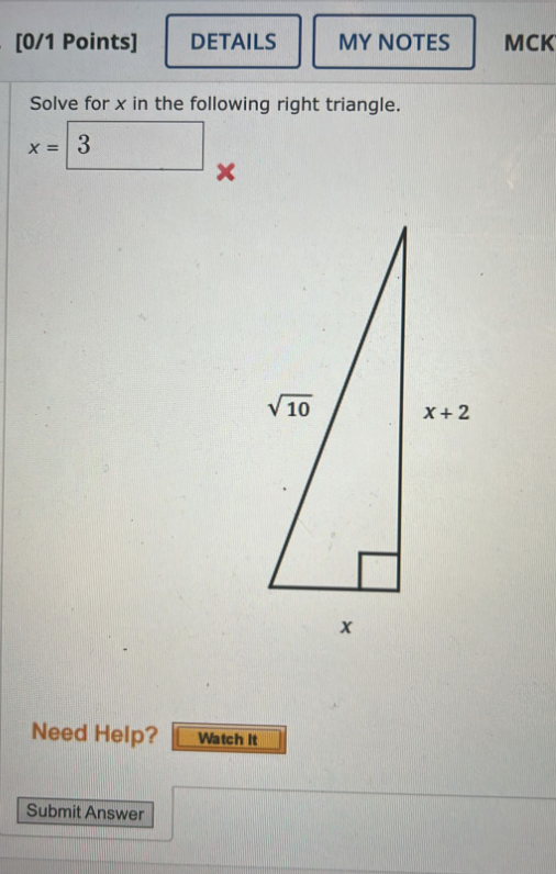 Solved [0/1 ﻿Points]MCKSolve for x ﻿in the following right | Chegg.com