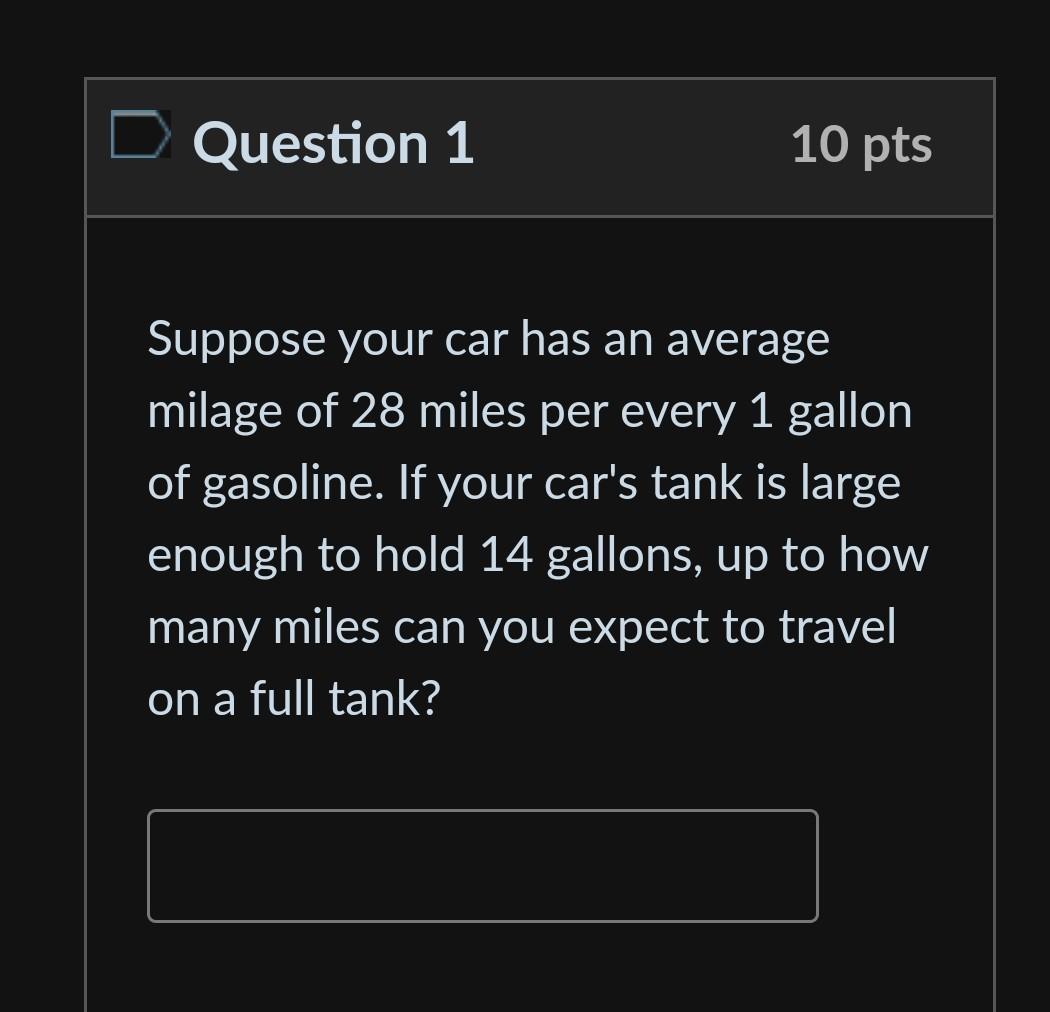 Solved Suppose your car has an average milage of 28 miles | Chegg.com Solved Suppose your car has an average milage of 28 miles | Chegg.com
