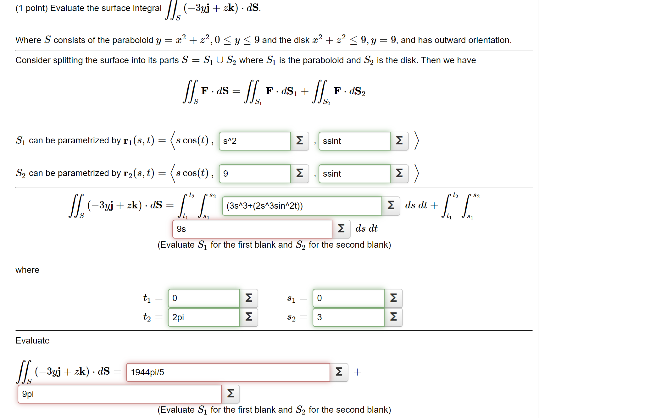 Solved (1 ﻿point) ﻿Evaluate the surface integral | Chegg.com