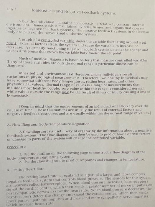 Solved Lab Homeostasis and Negative feedback Systems A | Chegg.com