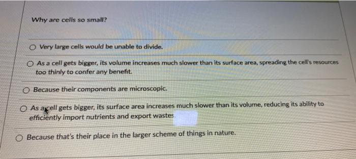 Solved Why are cells so small? O Very large cells would be | Chegg.com