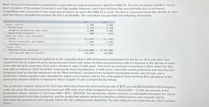 Solved Mark Hancock Incorporated manufactures a speclalized | Chegg.com