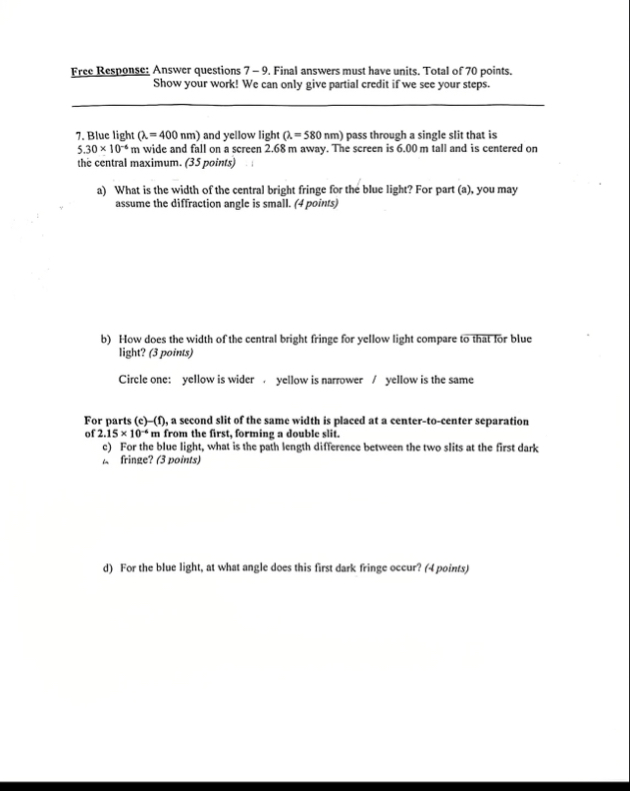 Solved Free Response: Answer questions 7 - 9. ﻿Final answers | Chegg.com