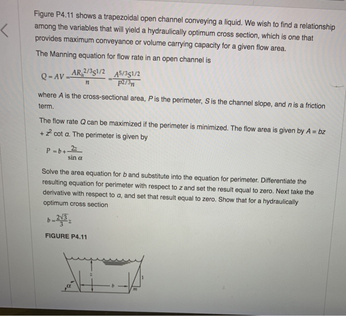 Solved Figure P4.11 shows a trapezoidal open channel | Chegg.com