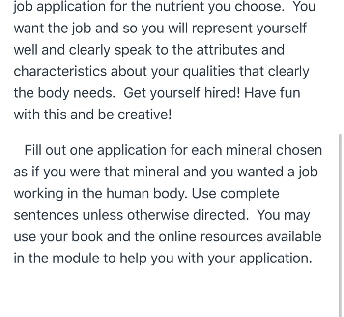 Solved A Mineral Job Application Human Body Co. Metabolic | Chegg.com