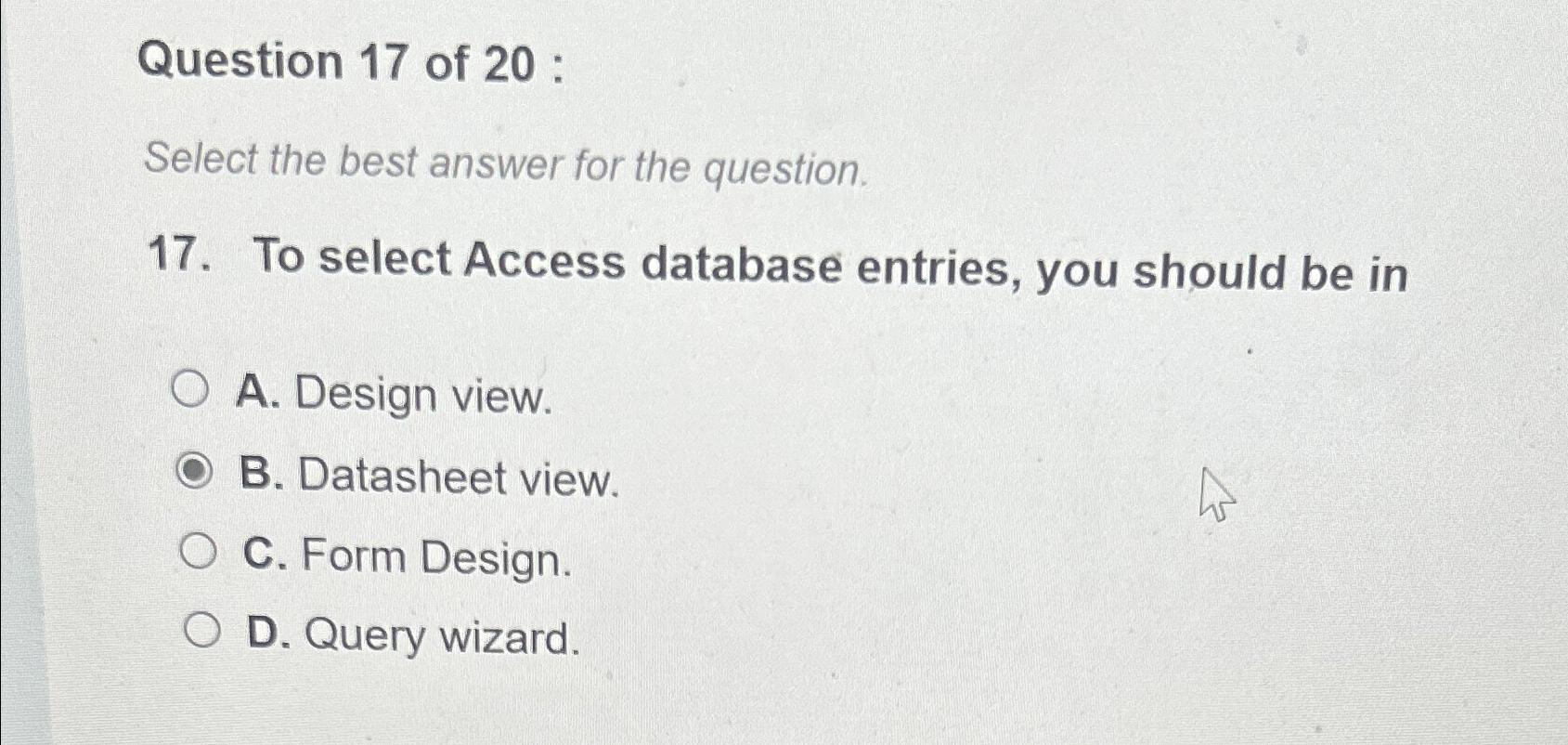 Solved Question 17 ﻿of 20 ﻿:Select the best answer for the | Chegg.com