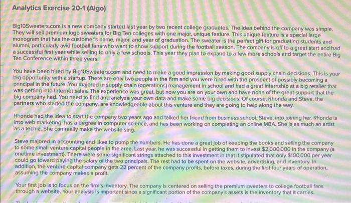 Solved Big10Sweaters.com is a new company started last year | Chegg.com