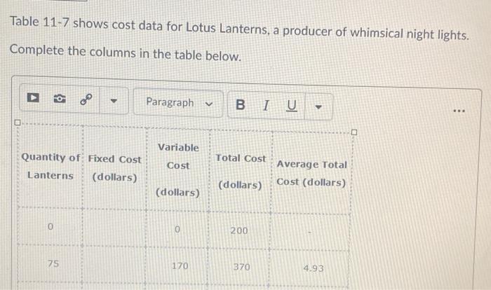 Solved Variable Total Cost Quantity of Fixed Cost Lanterns | Chegg.com