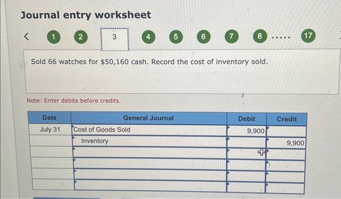 Journal entry worksheet Sold 66 watches for $50,160 | Chegg.com