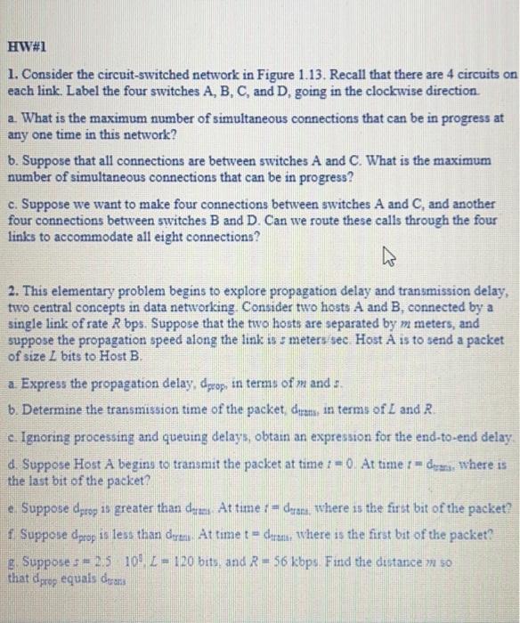 Solved HW#1 1. Consider the circuit-switched network in | Chegg.com