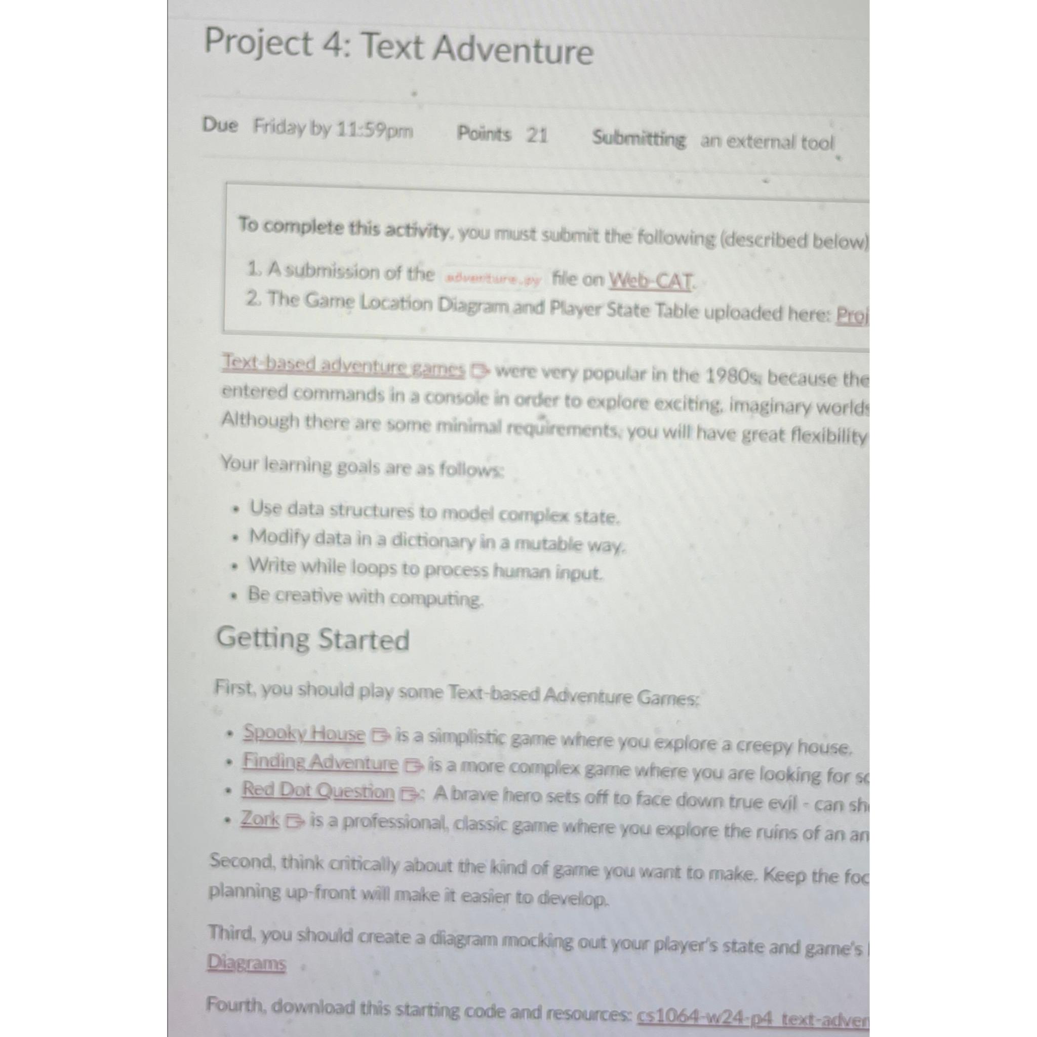 Solved Project 4: Text AdventureDue Friday by 11:59pmPoints | Chegg.com