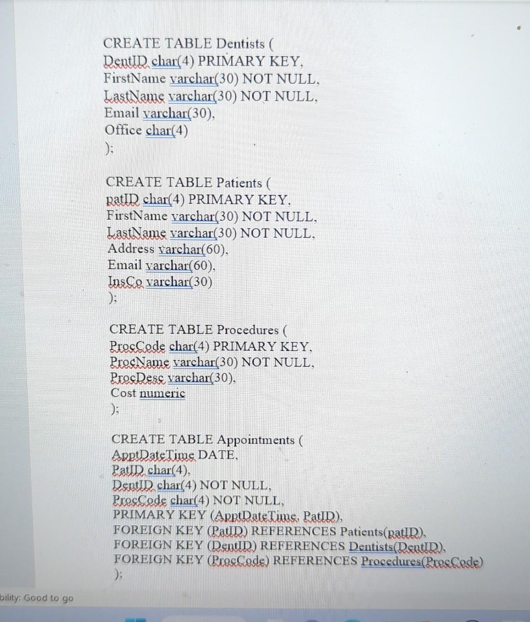 Solved CREATE TABLE Dentists ( DentID char(4) PRIMARY KEY, | Chegg.com