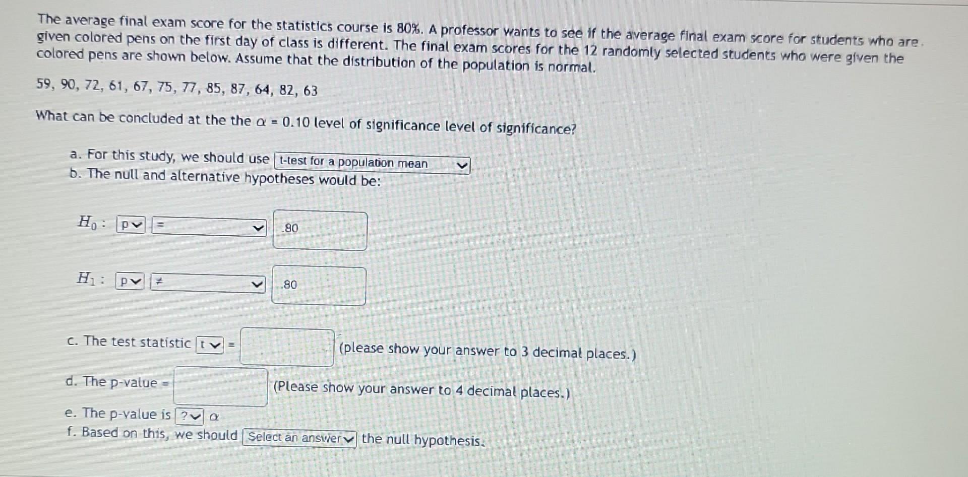 Solved The average final exam score for the statistics | Chegg.com