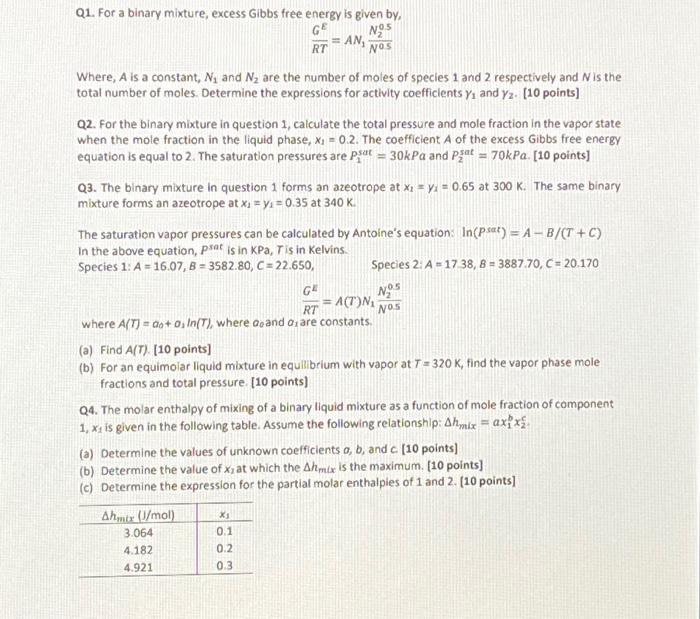 Solved Q1. For a binary mixture, excess Gibbs free energy is | Chegg.com