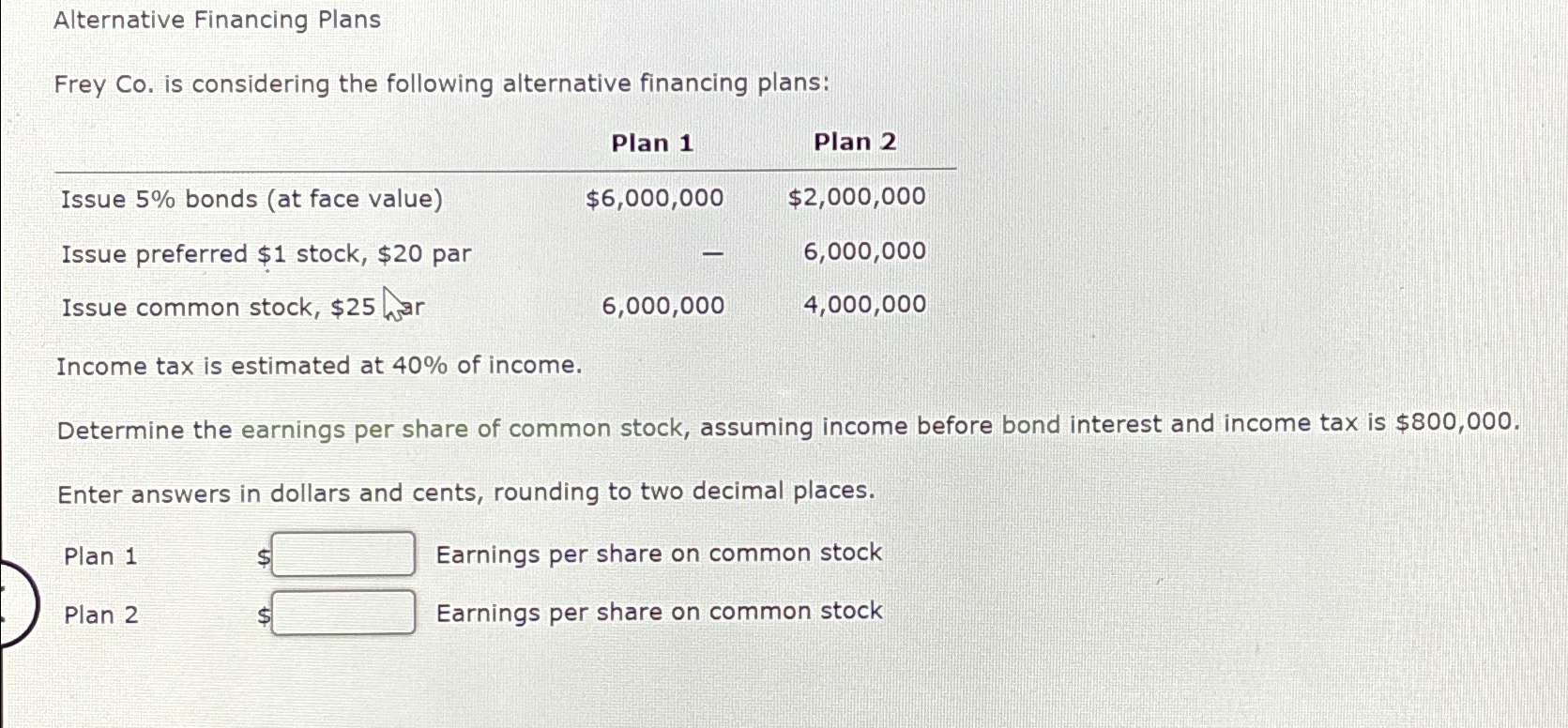Solved Alternative Financing PlansFrey C. ﻿is considering | Chegg.com
