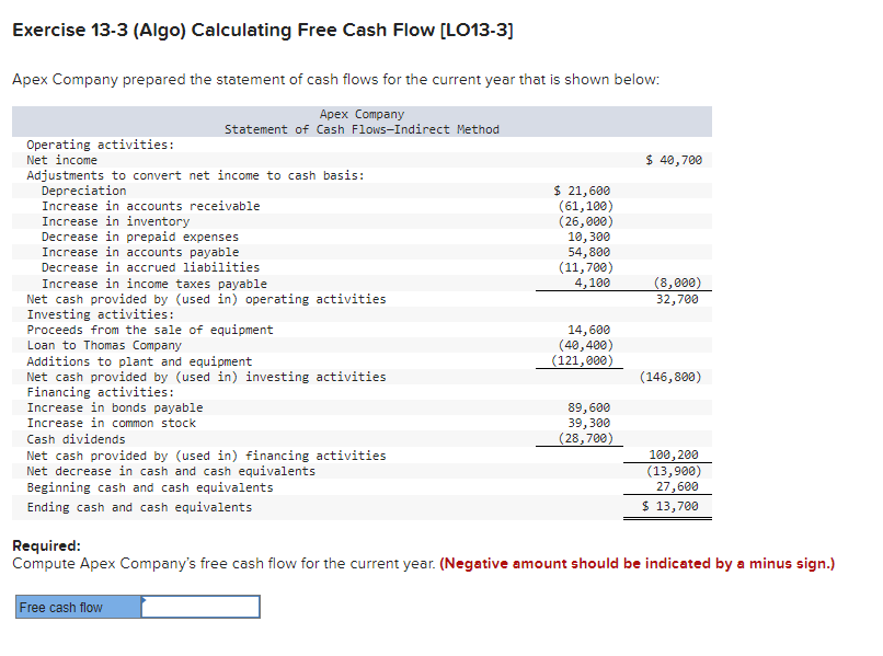 Solved Exercise 13-3 (Algo) ﻿Calculating Free Cash Flow | Chegg.com