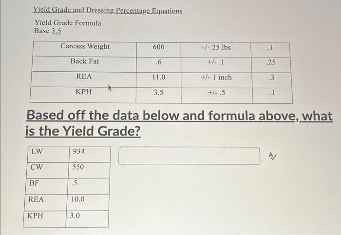 Solved Yield Grade and Dressing Percentage Equations Yield | Chegg.com