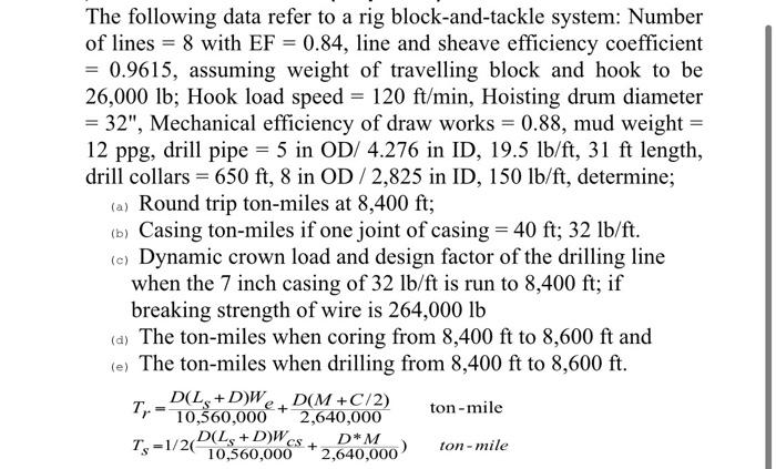 The following data refer to a rig block-and-tackle | Chegg.com