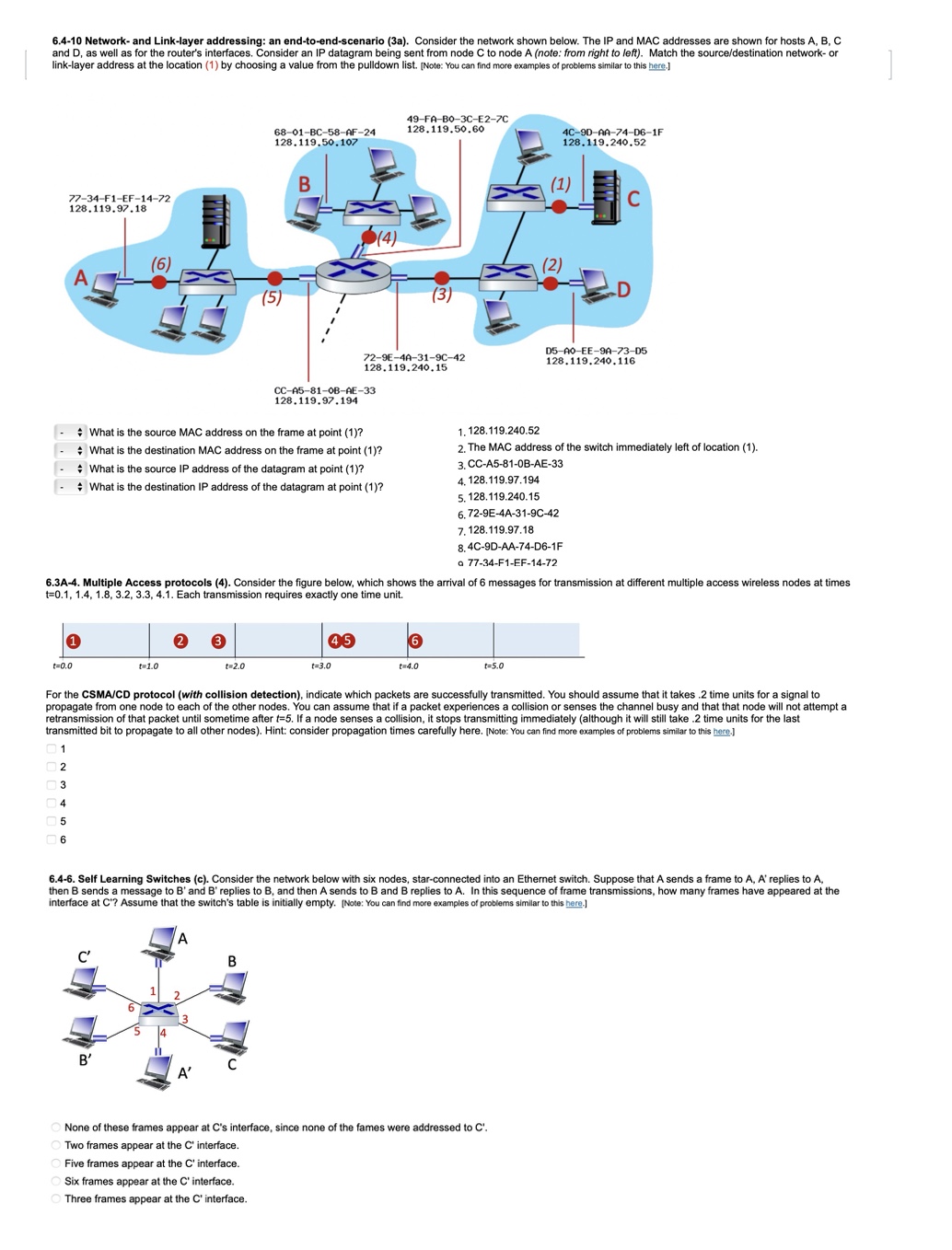 Solved 6.4-10 ﻿Network- ﻿and Link-layer addressing: an | Chegg.com