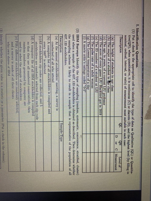QL Or 1. Identification Questions. (1) Put a check in | Chegg.com