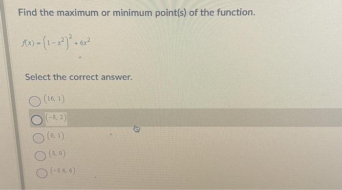 Solved Find the maximum or minimum point(s) of the function. | Chegg.com